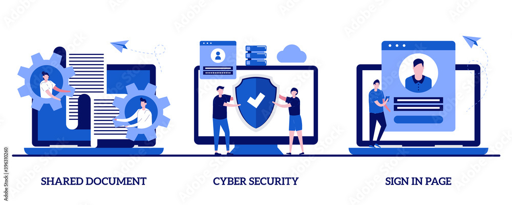 Shared document, cyber security, sign in page concept with character ...
