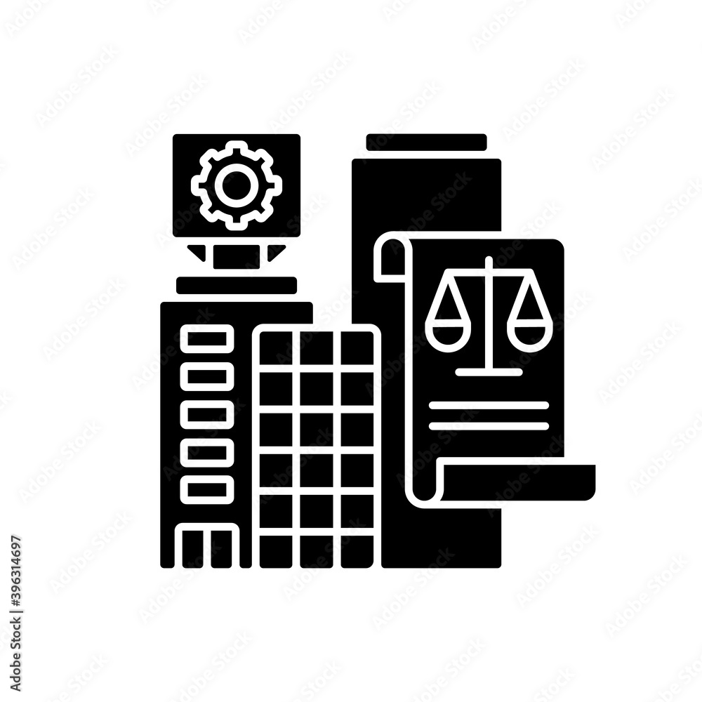 Legal entity black glyph icon. Modern entrepreneurship, business office ...