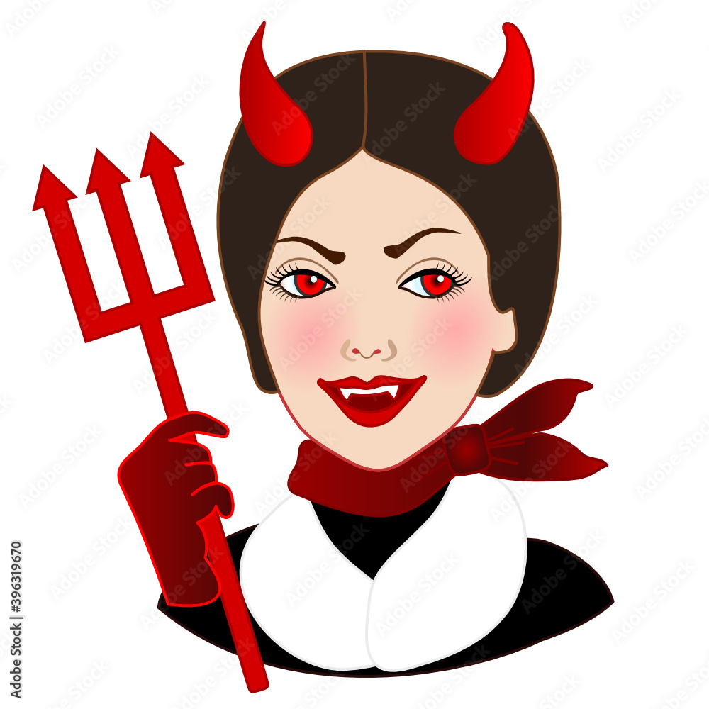 emoji with evil devil women with horns, cuspids grinning, holding a ...