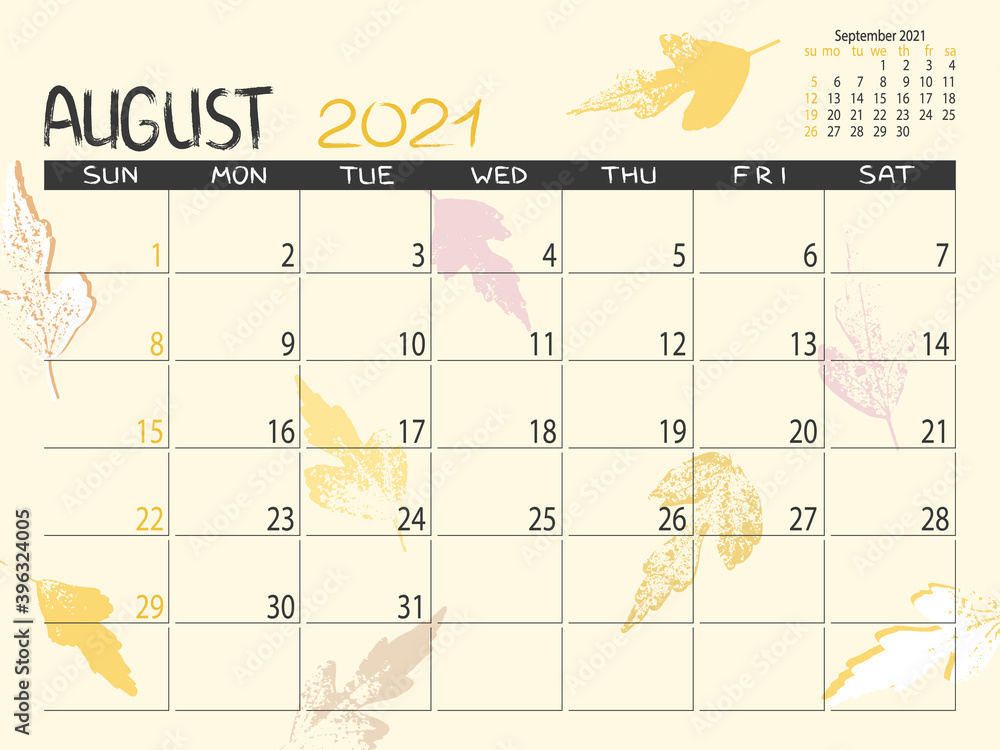 Calendar 2021 year. August 2021 planner. Desctop calendar design. Month ...