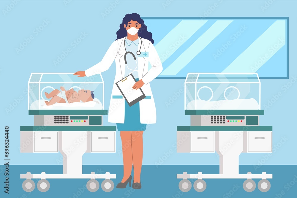 Neonatal resuscitation. Female doctor standing next to newborn baby in ...