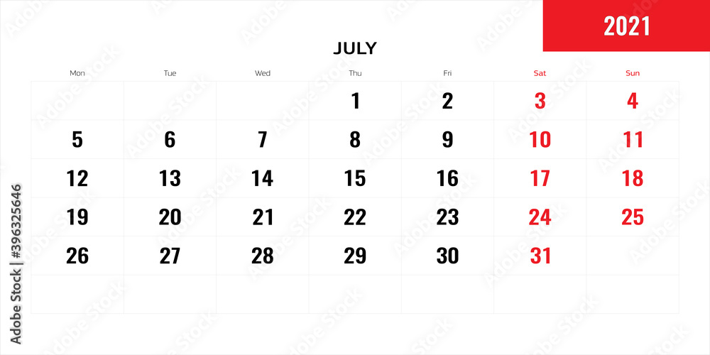 July month for 2021 year planning calendar. Vector illustration. Stock ...