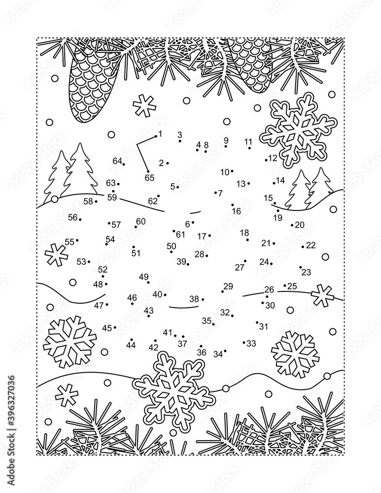 Snowflake connect the dots puzzle and coloring page. Full page activity ...