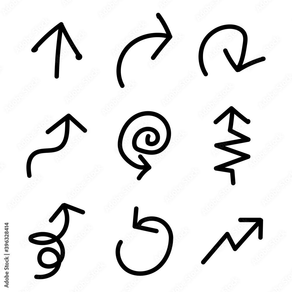 Set of black handdrawing in multiple shape of arrow symbol on white ...