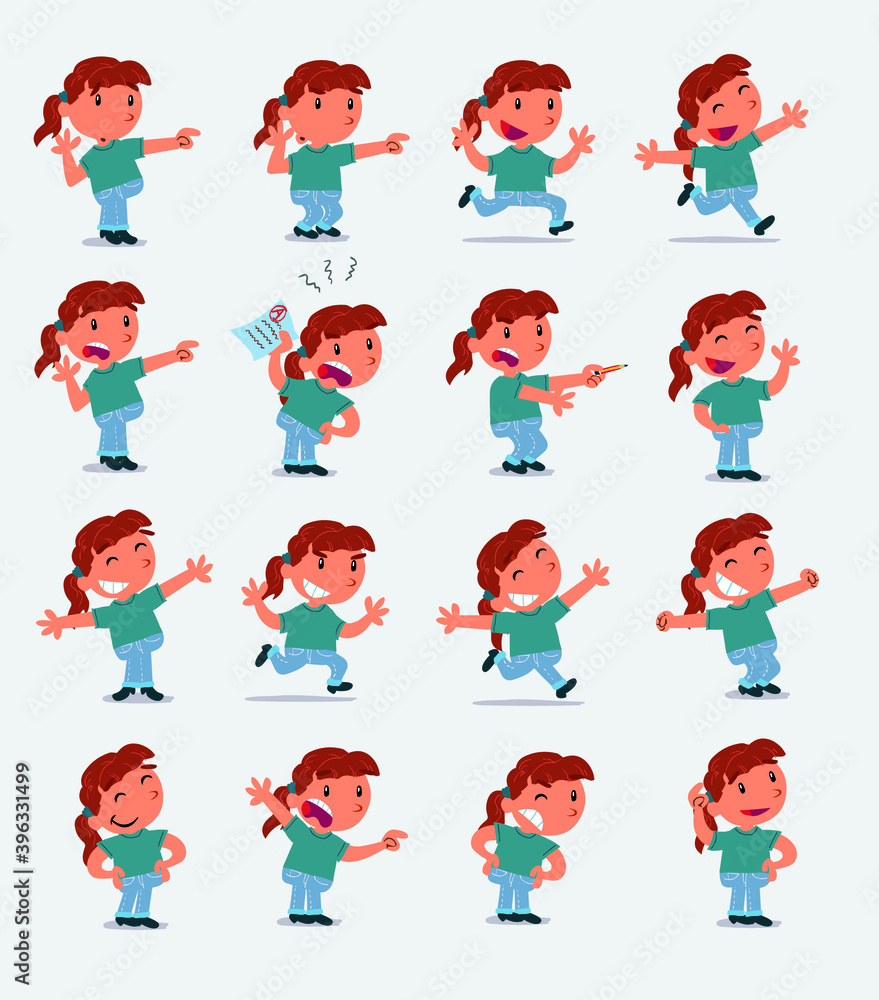 Cartoon character white little girl. Set with different postures ...