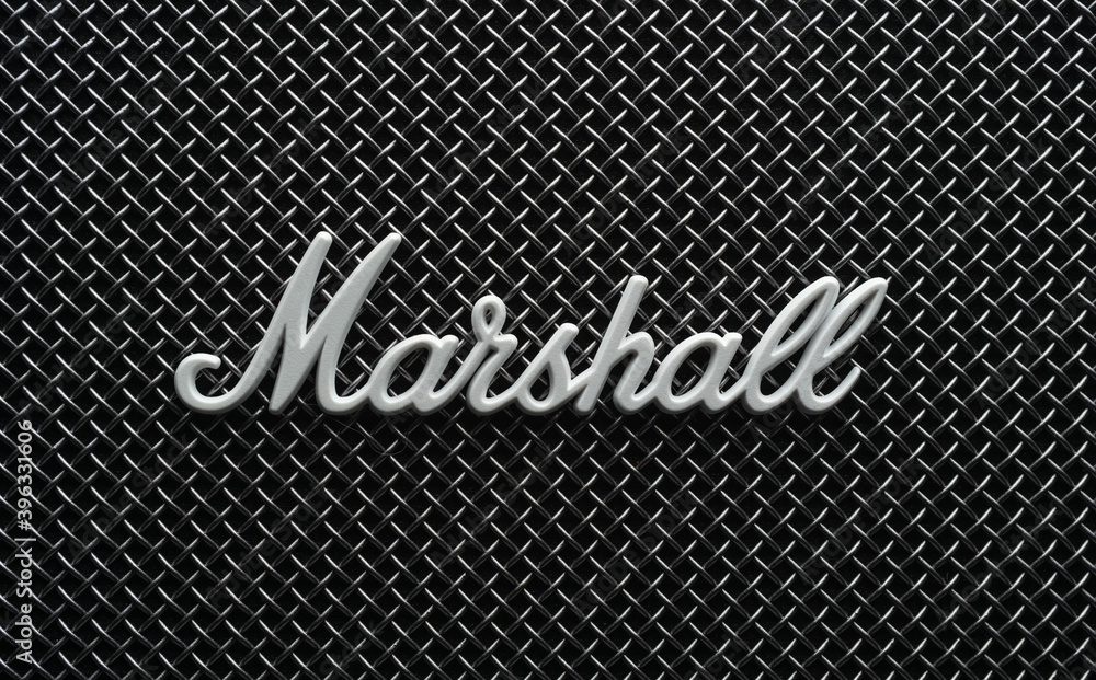 Macro shot of Marshall logo on a speaker front Stock Photo | Adobe Stock
