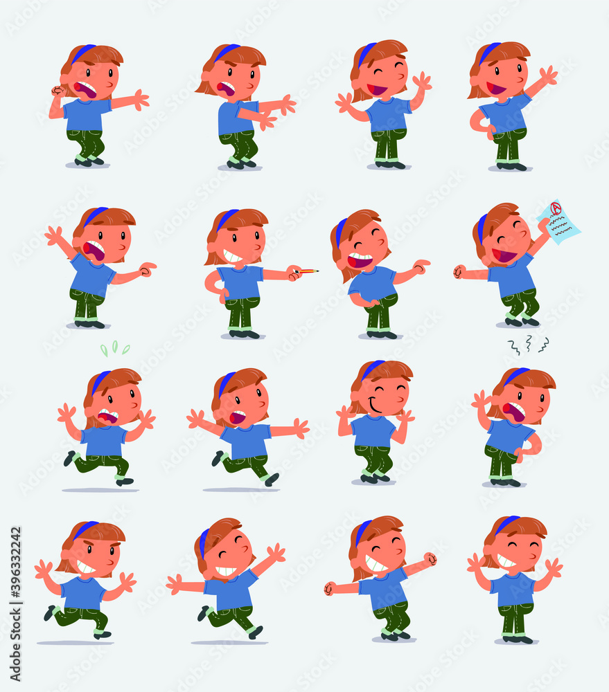 Cartoon character white little girl. Set with different postures ...