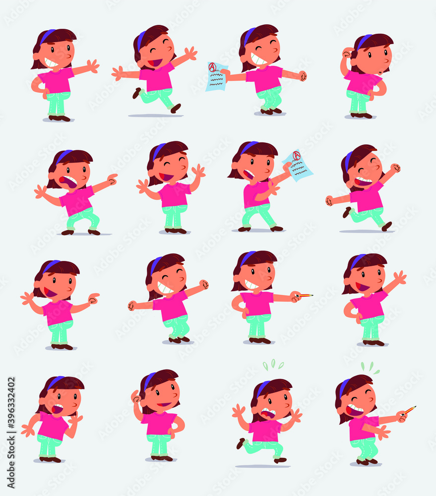 Cartoon character white little girl. Set with different postures ...