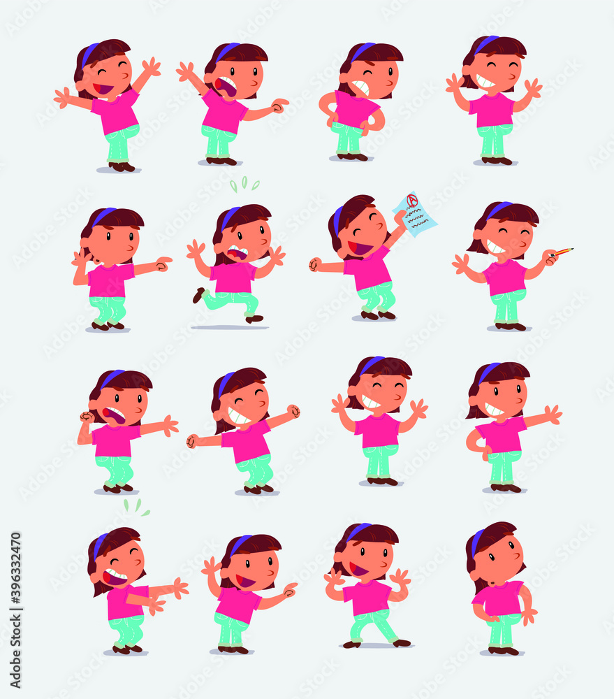 Cartoon character white little girl. Set with different postures ...