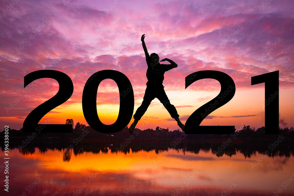 Silhouette and New year sunset background. Woman standing and show hand ...