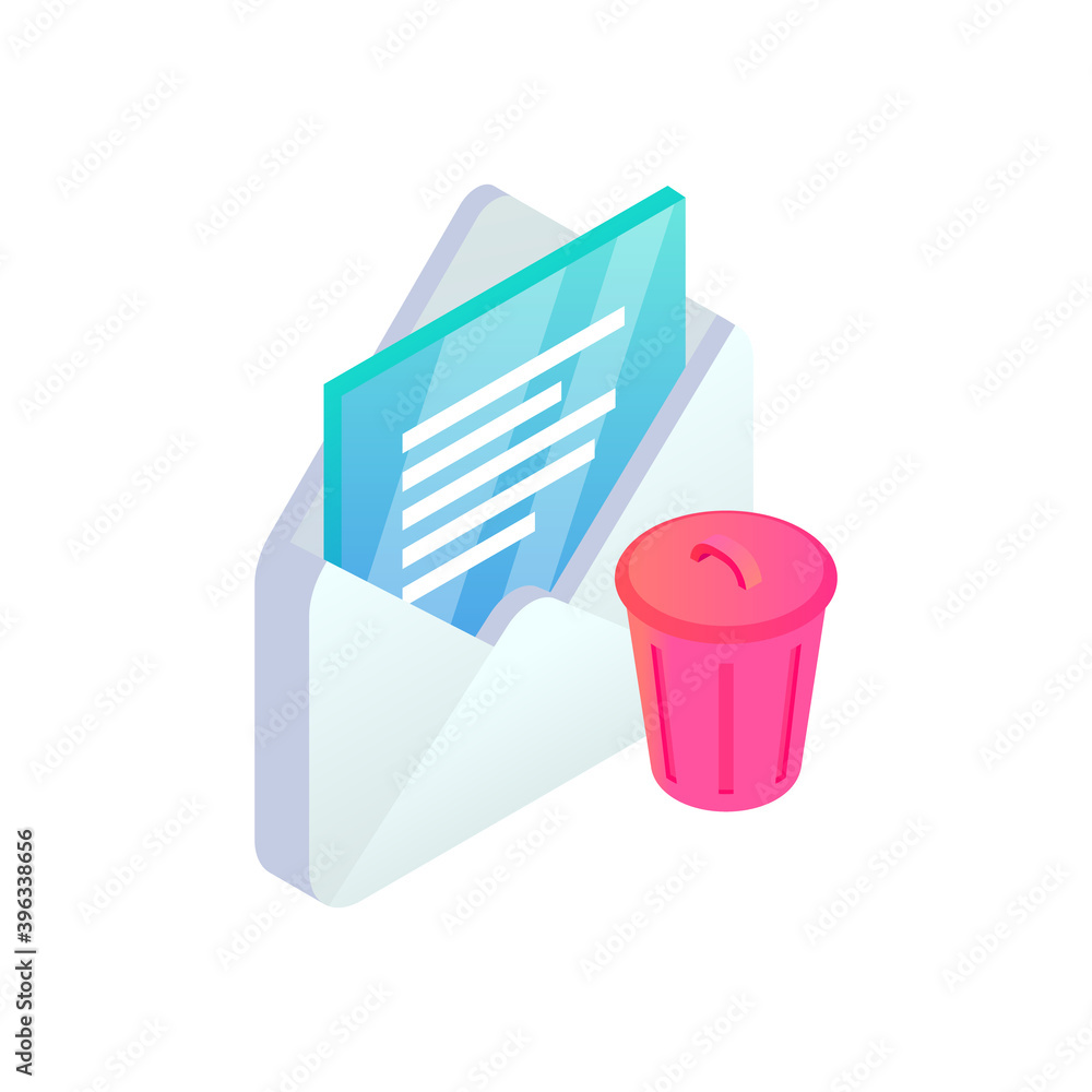 Vetor de Delete email isometric icon. 3d open message with trash icon ...