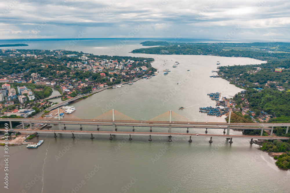 Aerial view of Atal Setu bridge over the Mandovi river, Panjim, Goa ...