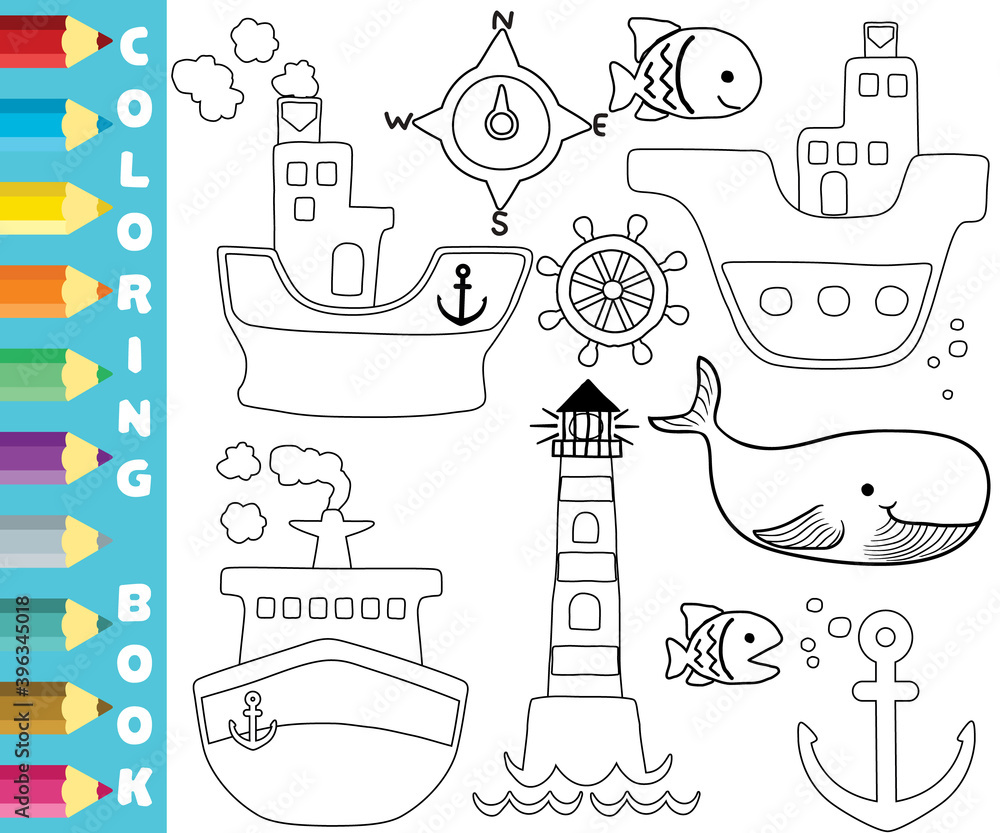 coloring page or book of cargo ships, marine animals, sailing equipment ...