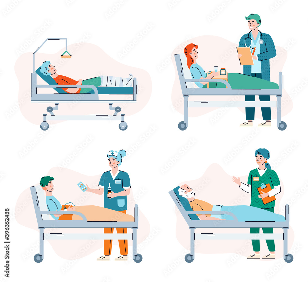 Patient in hospital bed - isolated set of cartoon medical staff ...