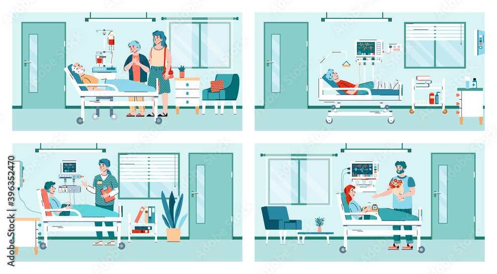 People in hospital room interior - cartoon set of nurse and visitors by ...