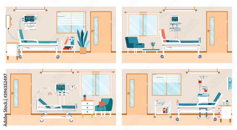Hospital room interior set - empty health clinic ward with patient bed ...