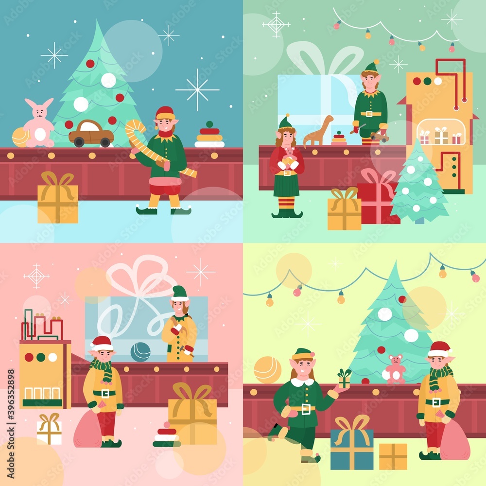 Set of Christmas posters for social media with scenes of Santas toys ...