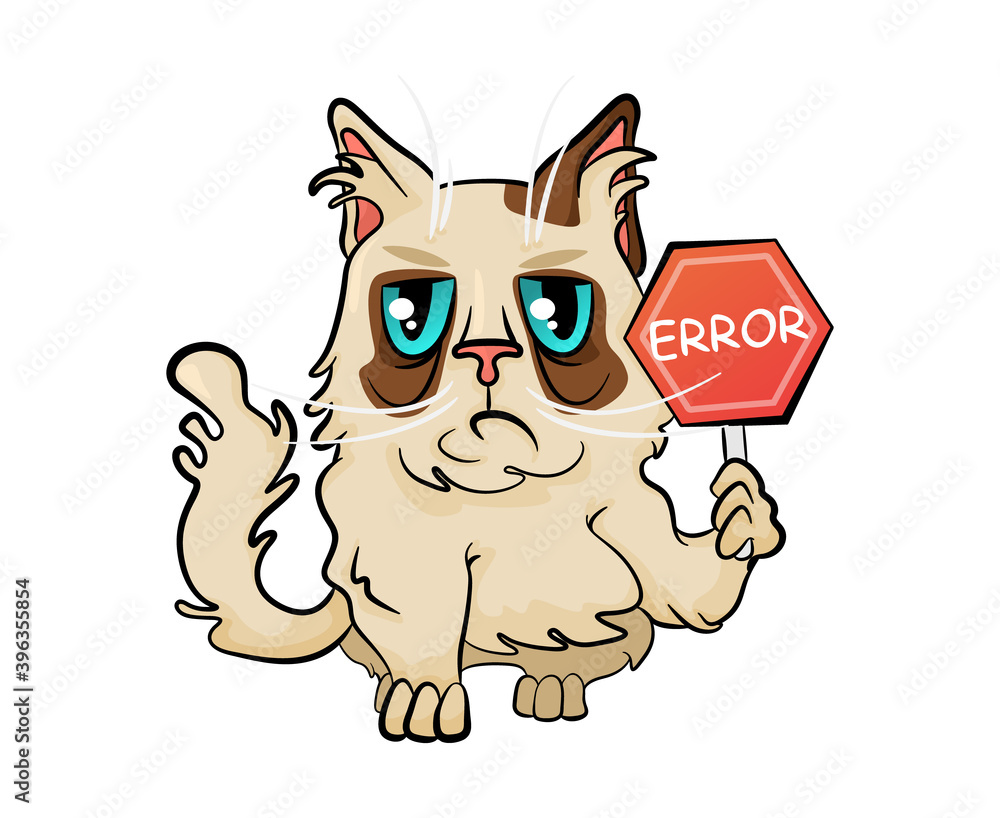 Cartoon cat with error sign in the hand. Concept of character for error ...