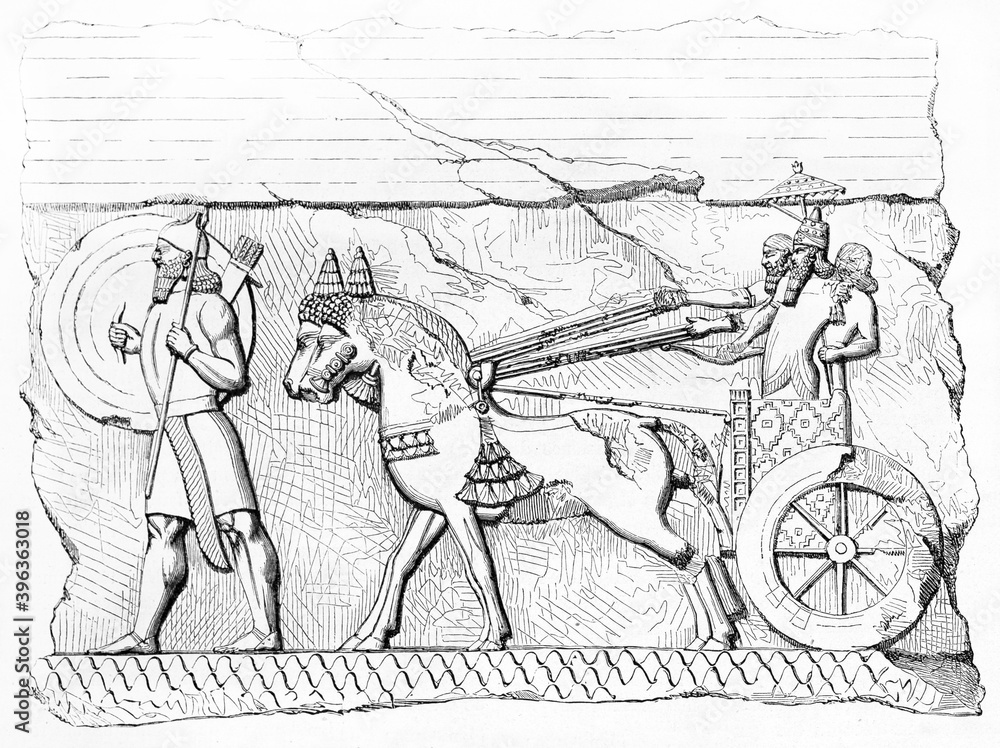 ancient assyrian men on militar chariot in a Khorsabad bas relief ...