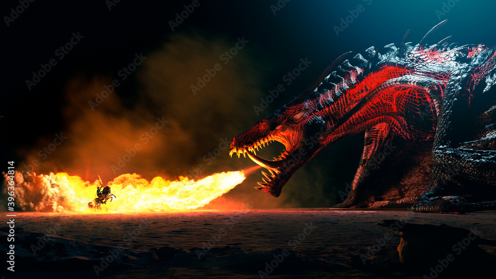 Giant dragon explode a fire breathe on a heroic medieval knight on a ...