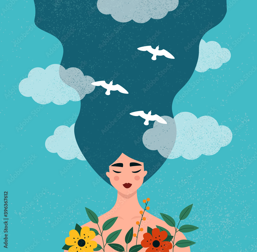 Mental health concept. Portrait of a happy young beautiful woman. Idea ...