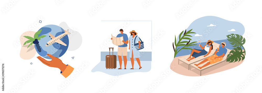 People Characters Planning Travel. Woman and Man Choosing Destination ...