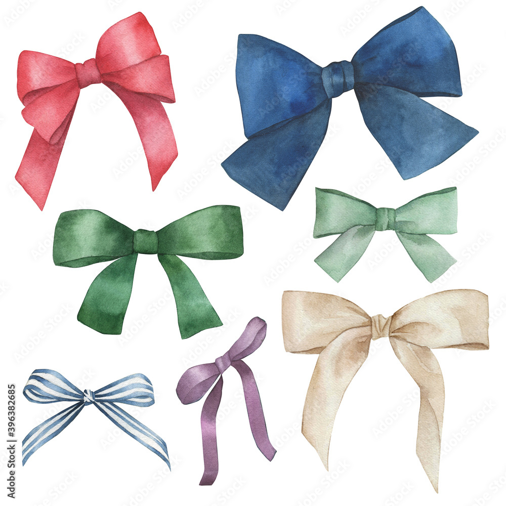 Watercolor set of isolated colorful bows on white background. Ribbons ...
