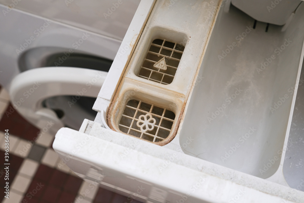 Dirty moldy washing machine detergent and fabric conditioner dispenser ...