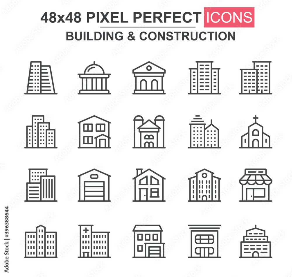 Building and construction thin line icon set. Church, cafe, museum ...