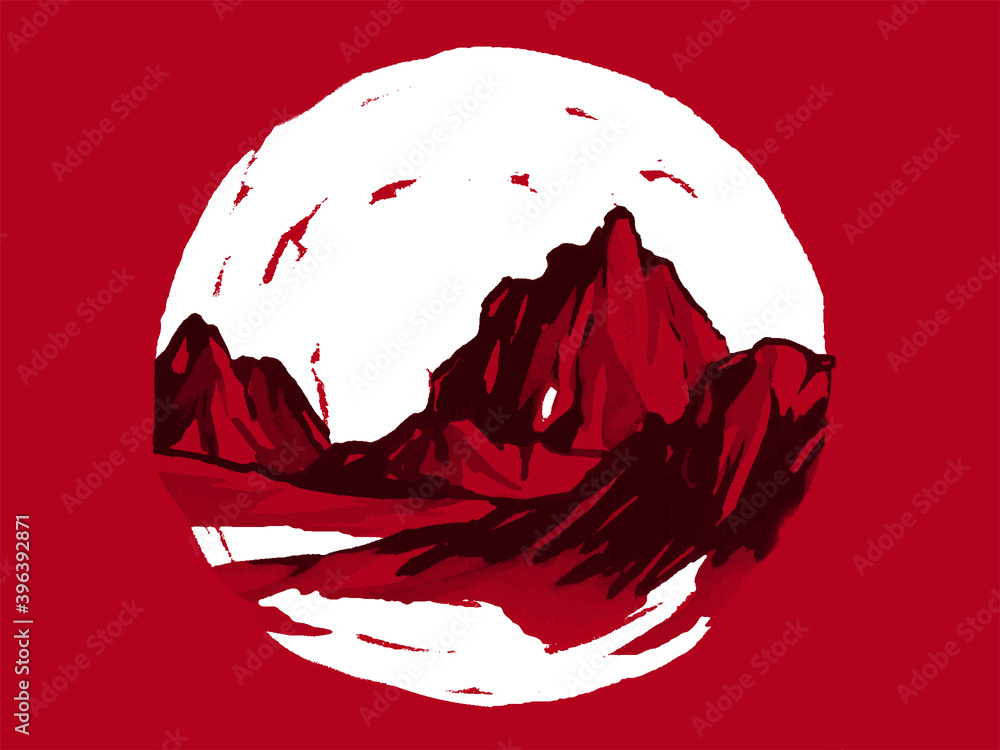 Japan traditional sumi-e painting. Fuji mountain, sakura, sunset. Japan ...