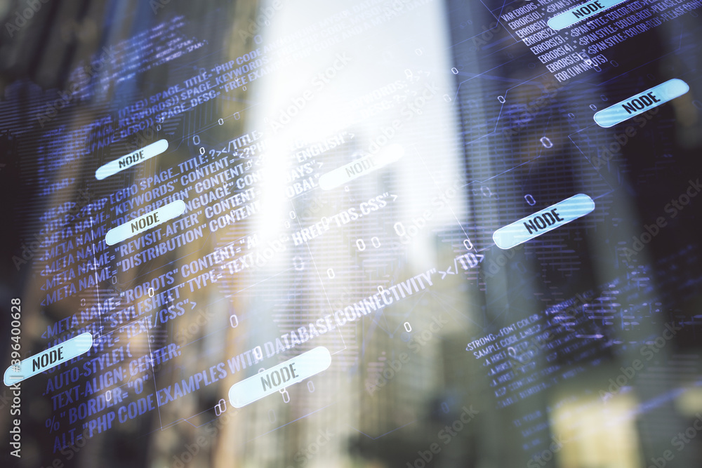 Multi exposure of abstract creative coding sketch and world map on ...