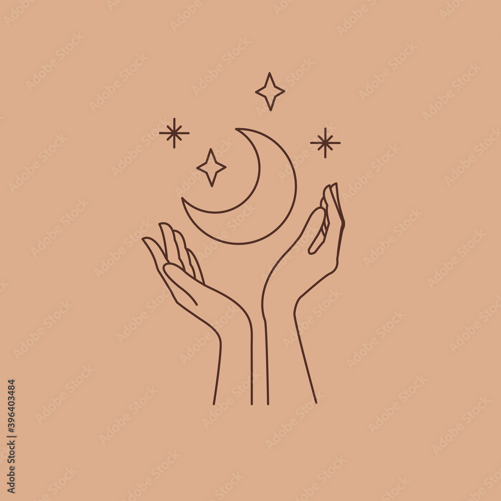 Woman's hand holding moon and stars, magic mystical symbol. Abstract ...