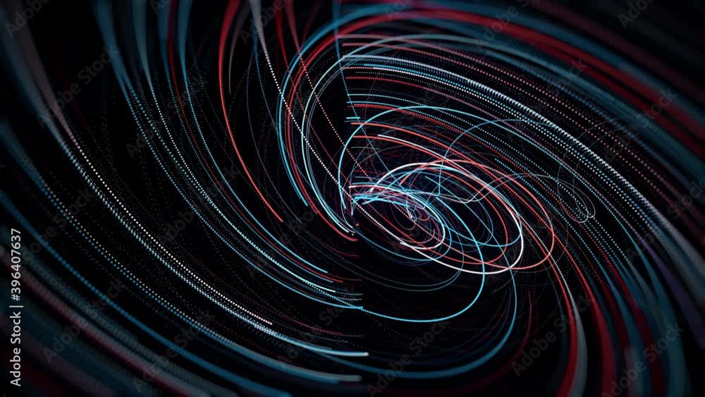 Spiral swirl of neon lines on black background. Animation. Neon lines ...