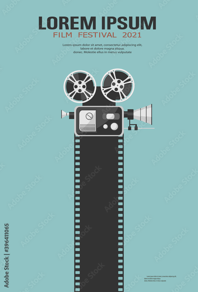 Vintage movie projector or camcorder with black filmstrip. Cinema movie ...
