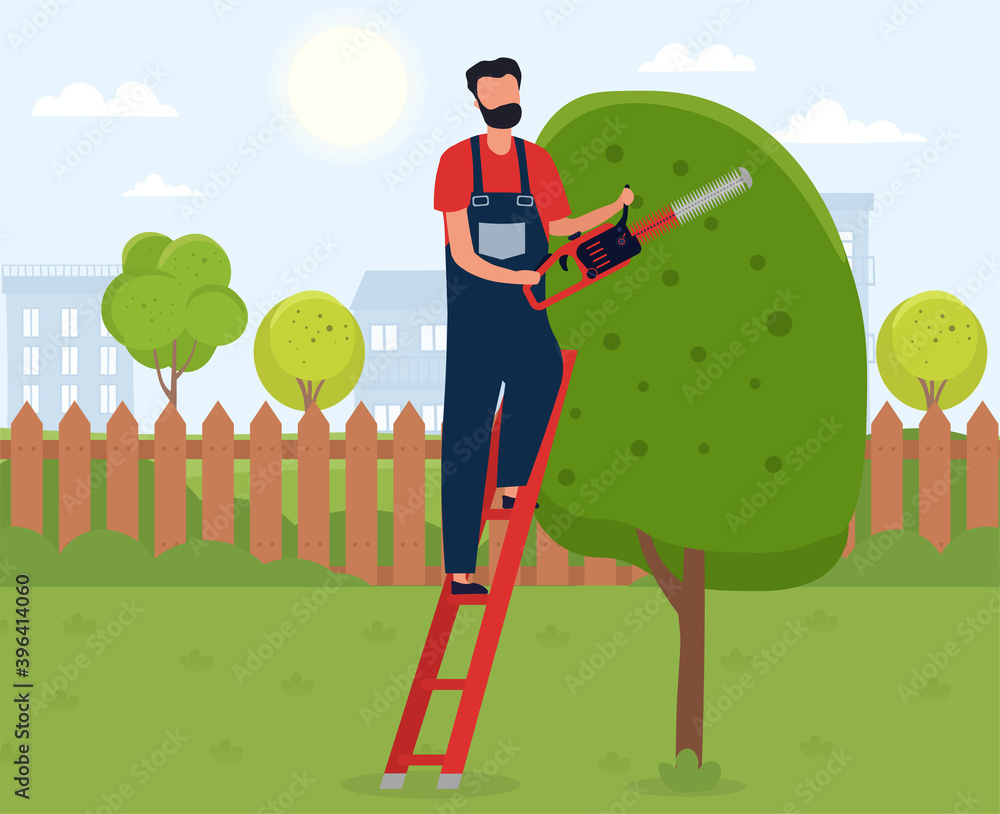 Gardener working. Male handyman character cutting tree with lawn mower ...