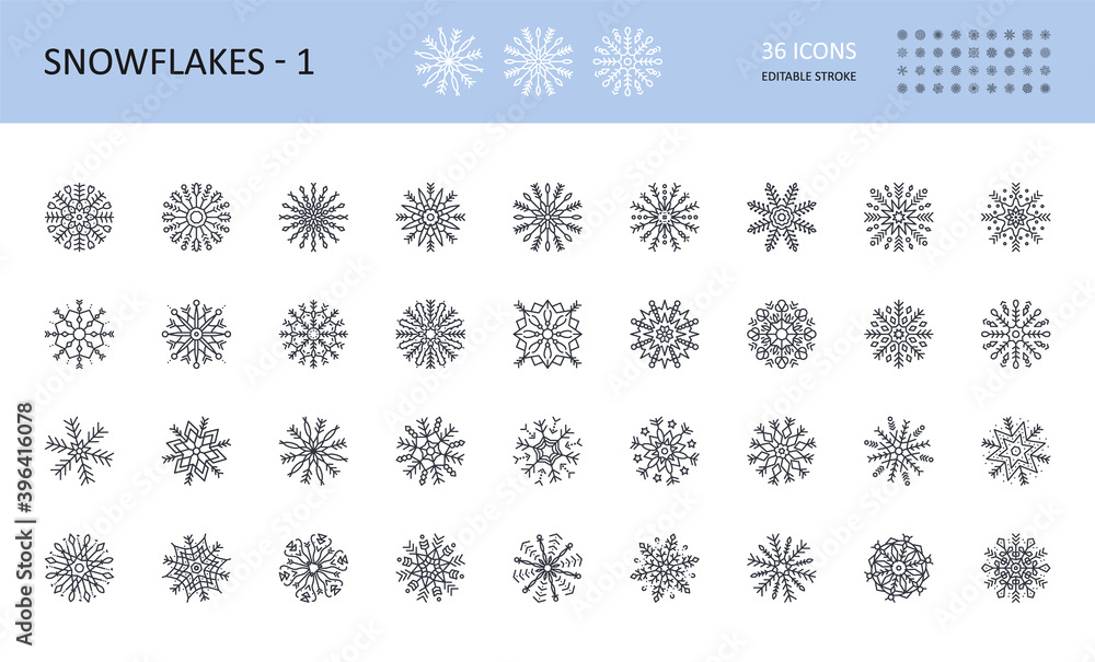 Vector snowflake icons. Editable stroke set. 36x36 pixels. Symbols ...