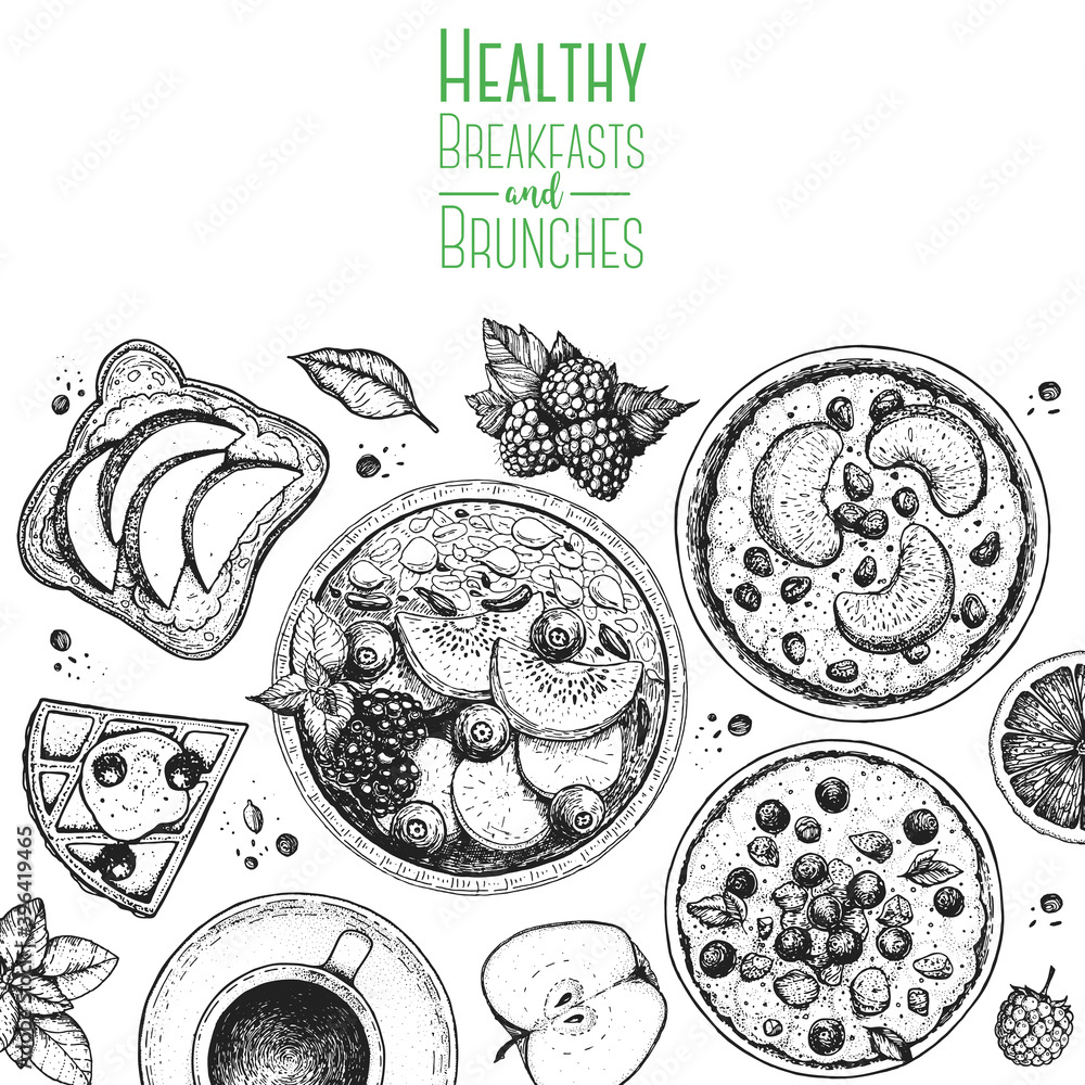 Breakfasts top view frame. Morning food menu design. Breakfast and ...