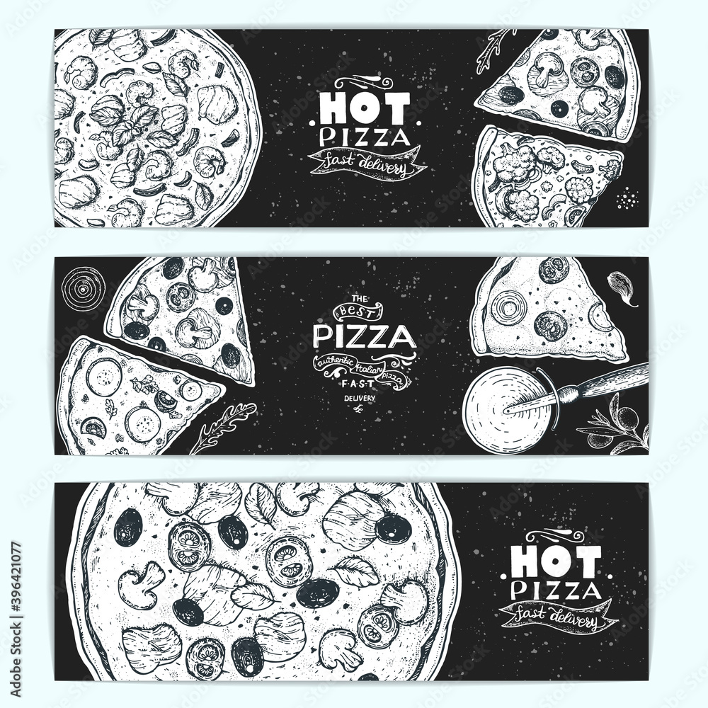 Pizza top view, vertical banner collection. Italian food menu design ...