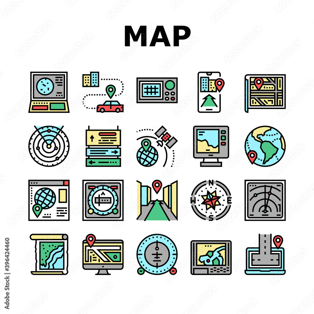 Map Location System Collection Icons Set Vector. Map Location And Gps ...