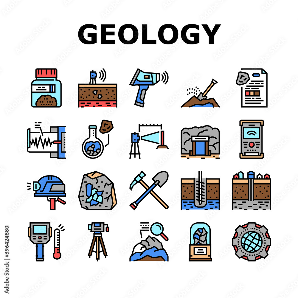 Geology Researching Collection Icons Set Vector. Gyro Theodolite And ...