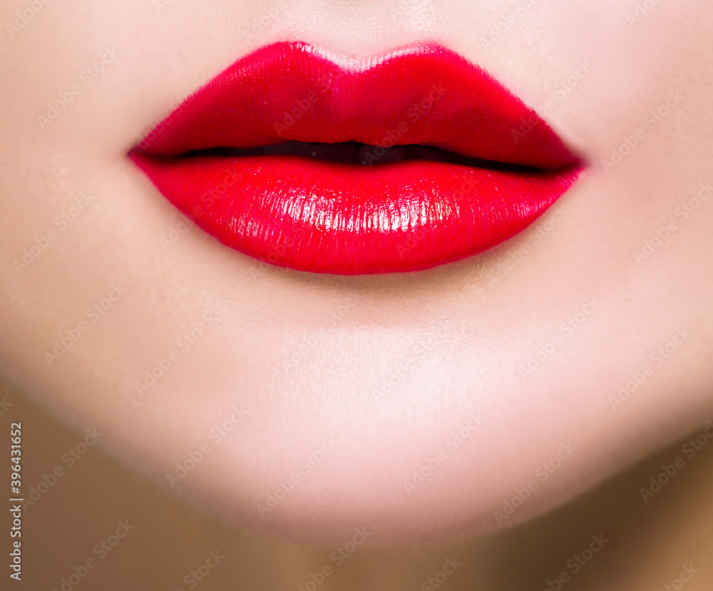 Beautiful red lips close-up. Classic red lips with sexy smirk. Textured ...