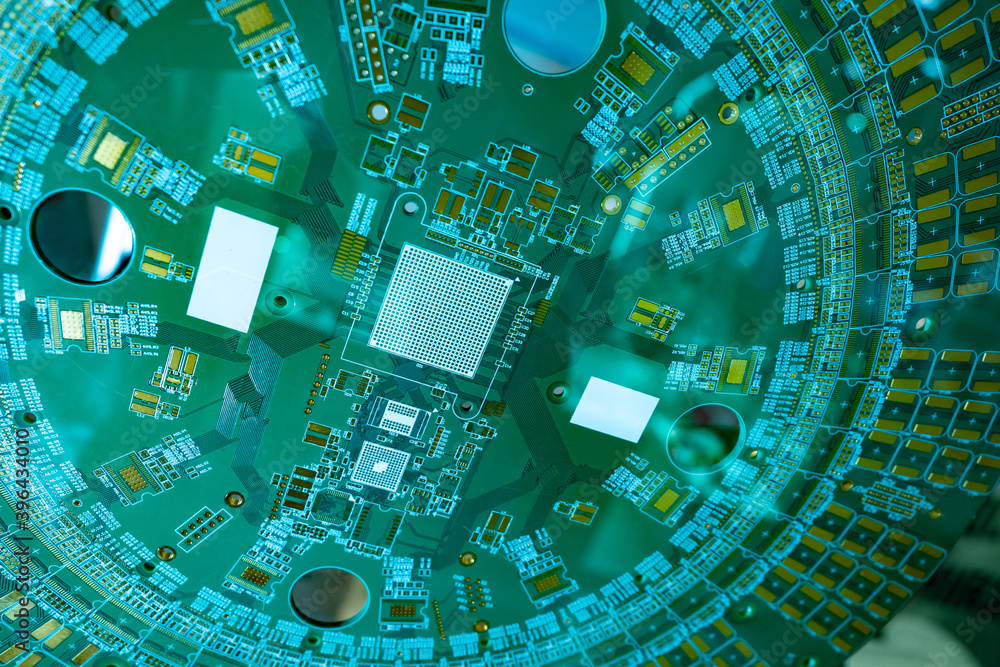 Round printed circuit Board. Electronic circuit of the computer ...