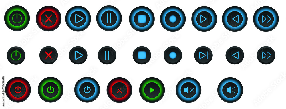 media player button set, play stop forward and rewind vector illustration of volume open close ...