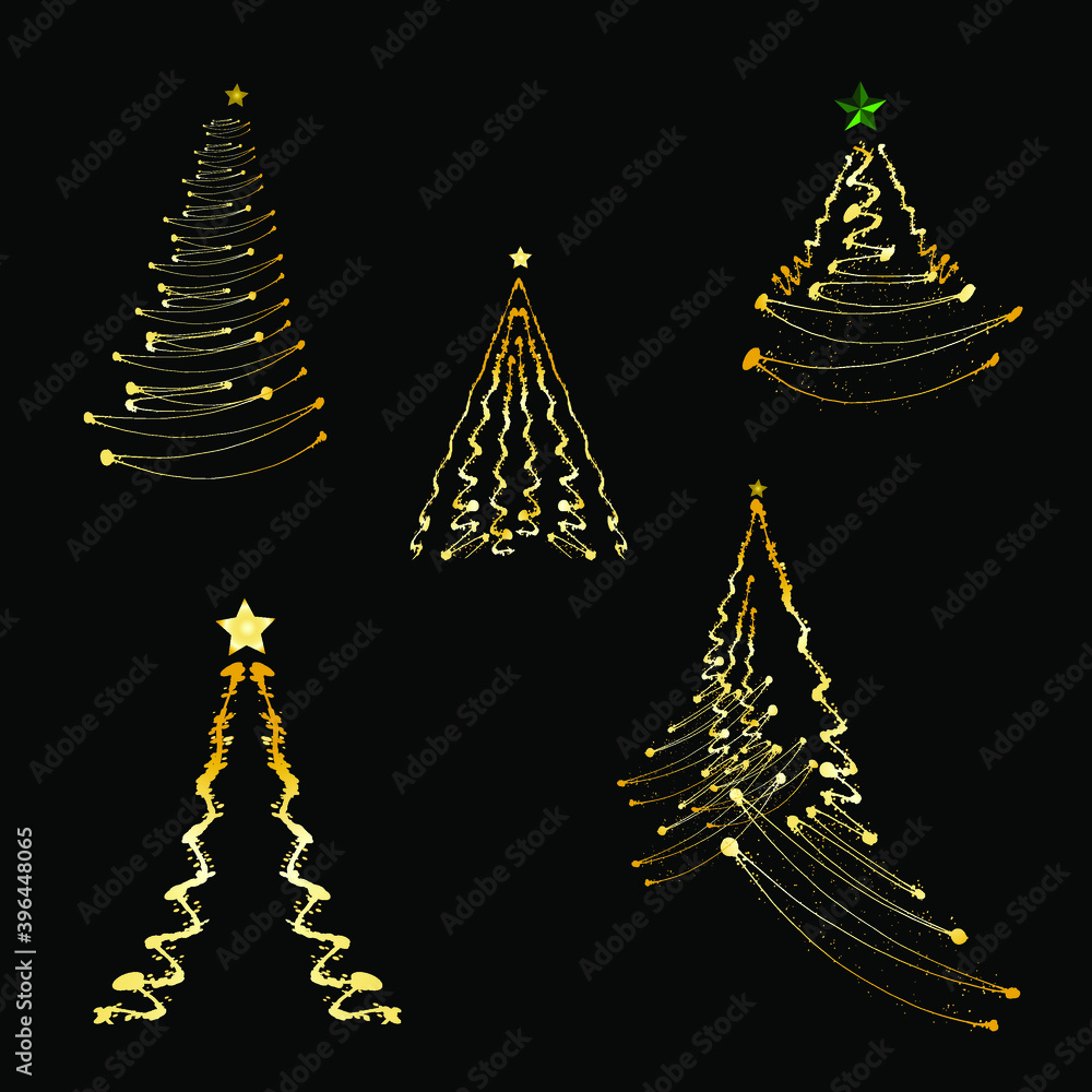 set of hand drawn gold christmas tree vectors, christmas trees with ...
