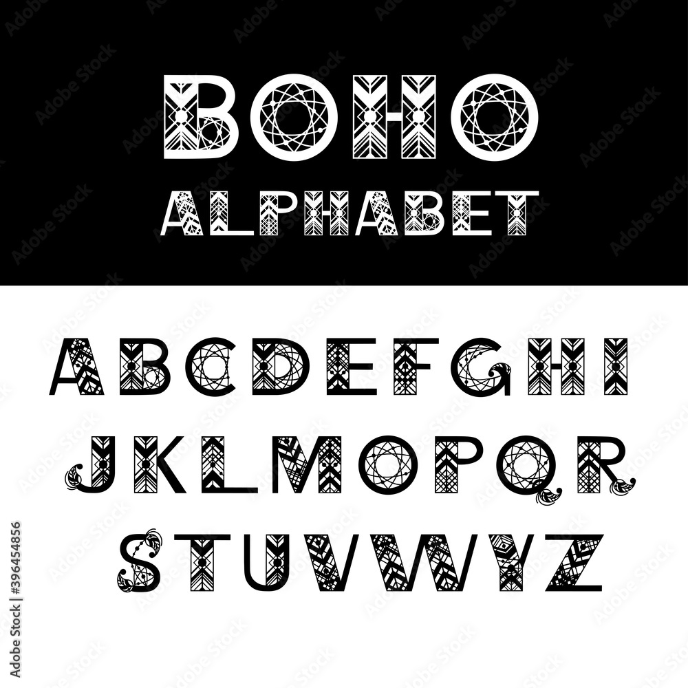 Boho english alphabet. Ethnic elements for vector design. Hand drawn ...