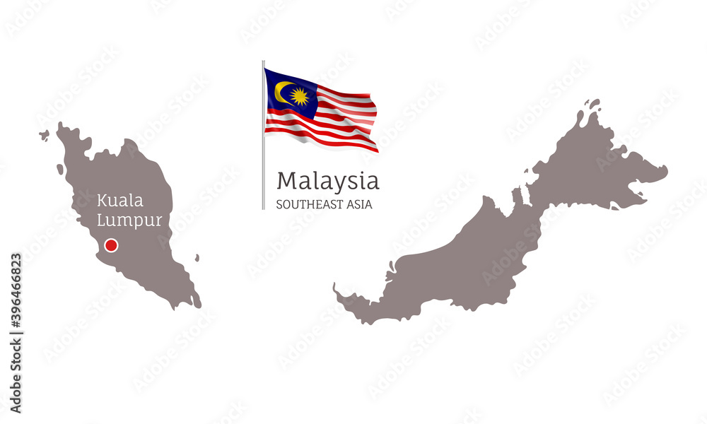 Silhouette of Malaysia country map and national flag. Highly detailed ...