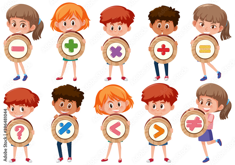 Set of different kids holding basic math symbol or sign cartoon ...