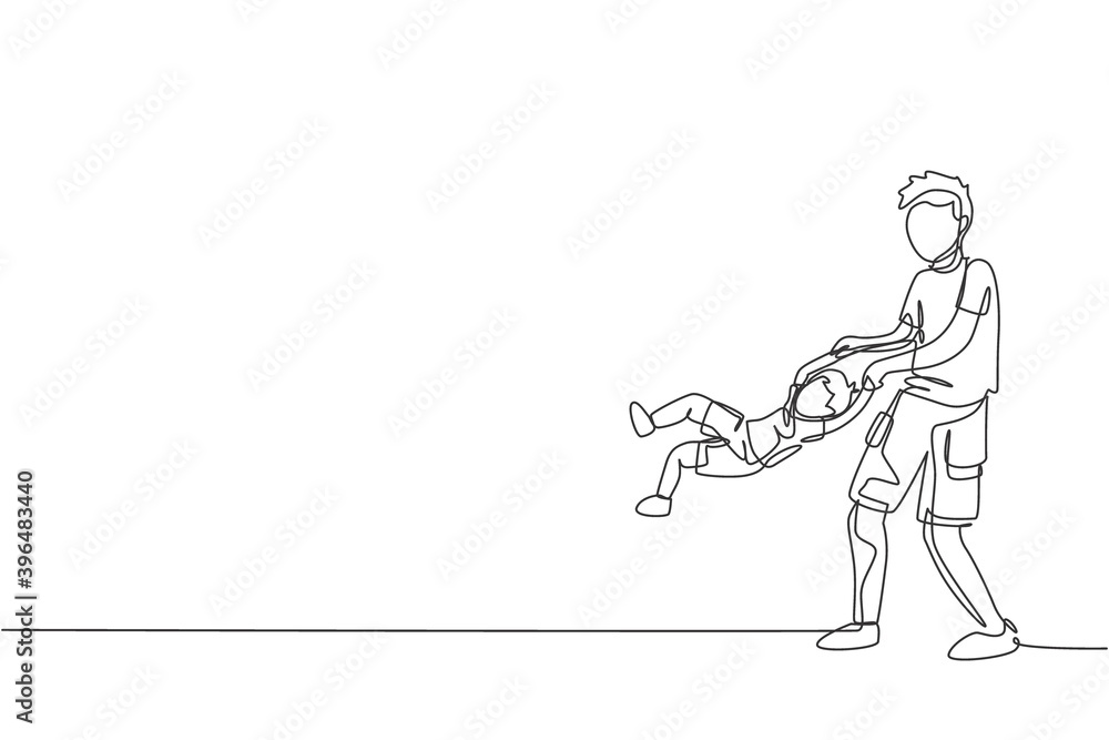 One single line drawing young dad playing with his son, lifting and ...