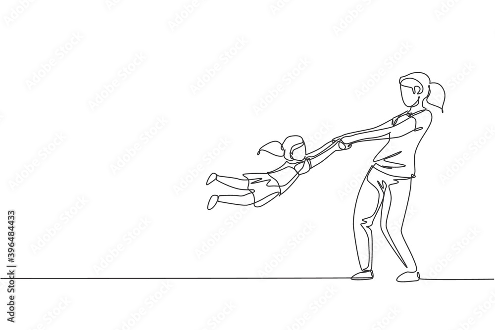 One single line drawing of young happy mom raising and turning her ...