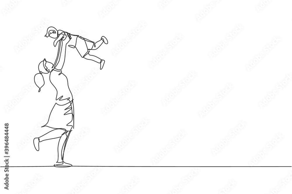 One single line drawing of young happy mother raising her boy up in the ...